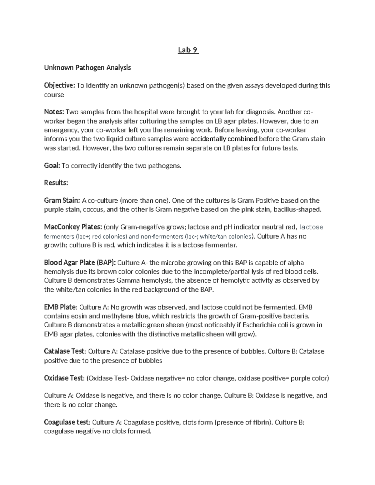Lab 9 note book - Lab 9 Unknown Pathogen Analysis Objective: To ...