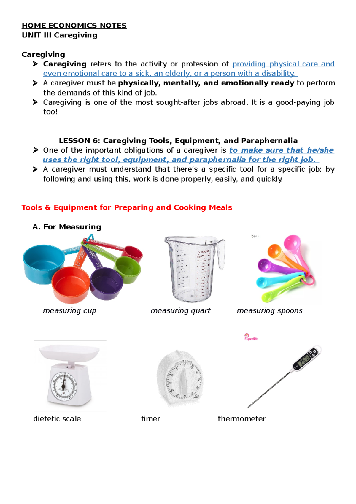 HOME Economics Notes Caregiving - HOME ECONOMICS NOTES UNIT III ...