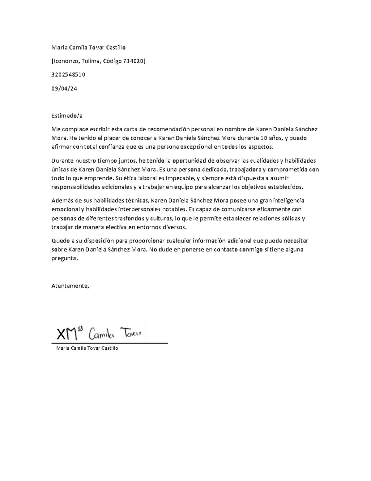 Carta recomendacion Camila - Maria Camila Tovar Castillo [Icononzo ...