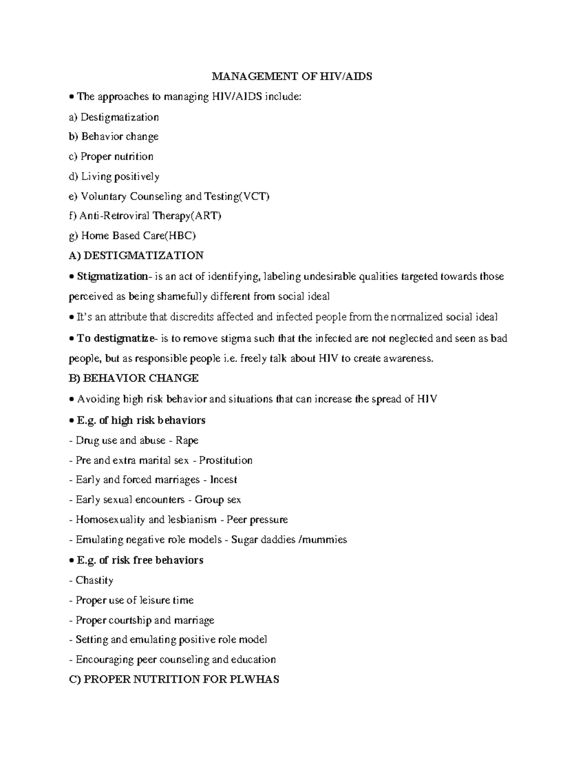 Management OF HIV 7 - Notes - MANAGEMENT OF HIV/AIDS The approaches to ...