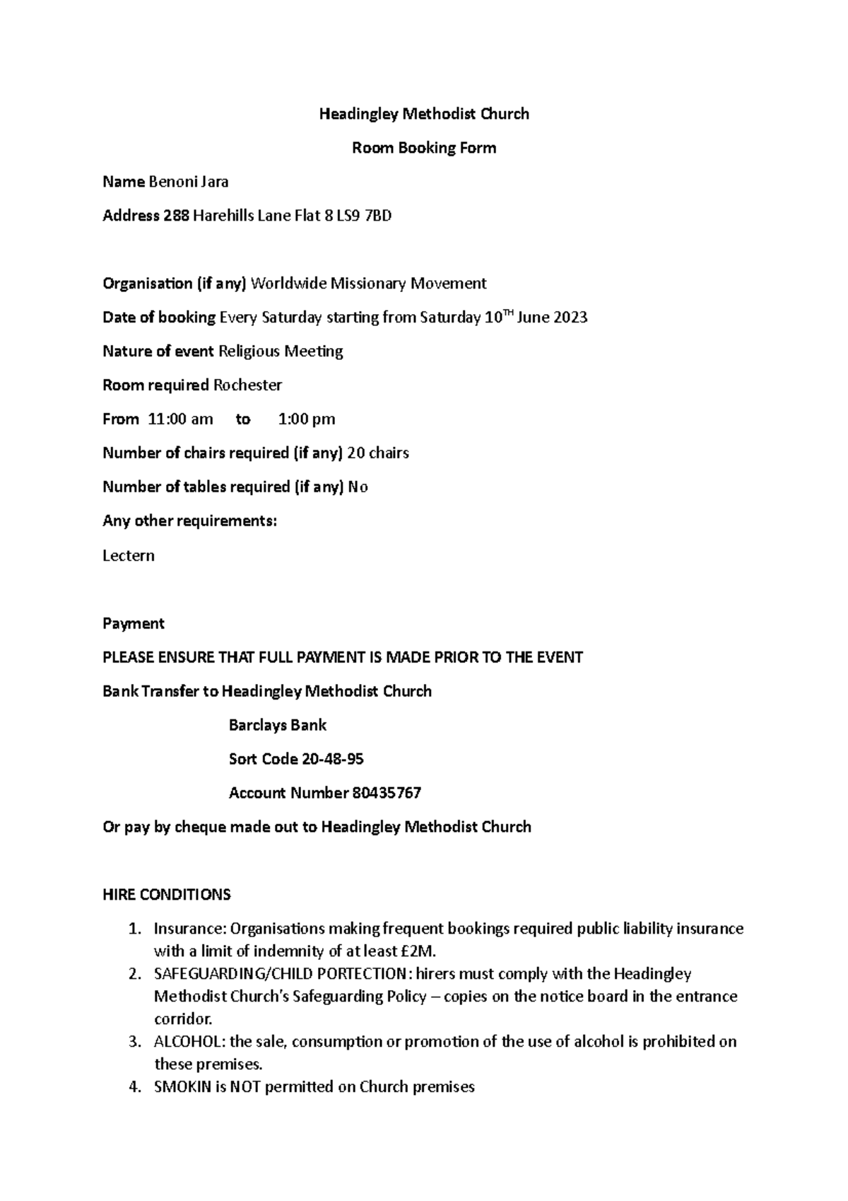 Headingley Methodist Church Booking Form - LBU - Studocu
