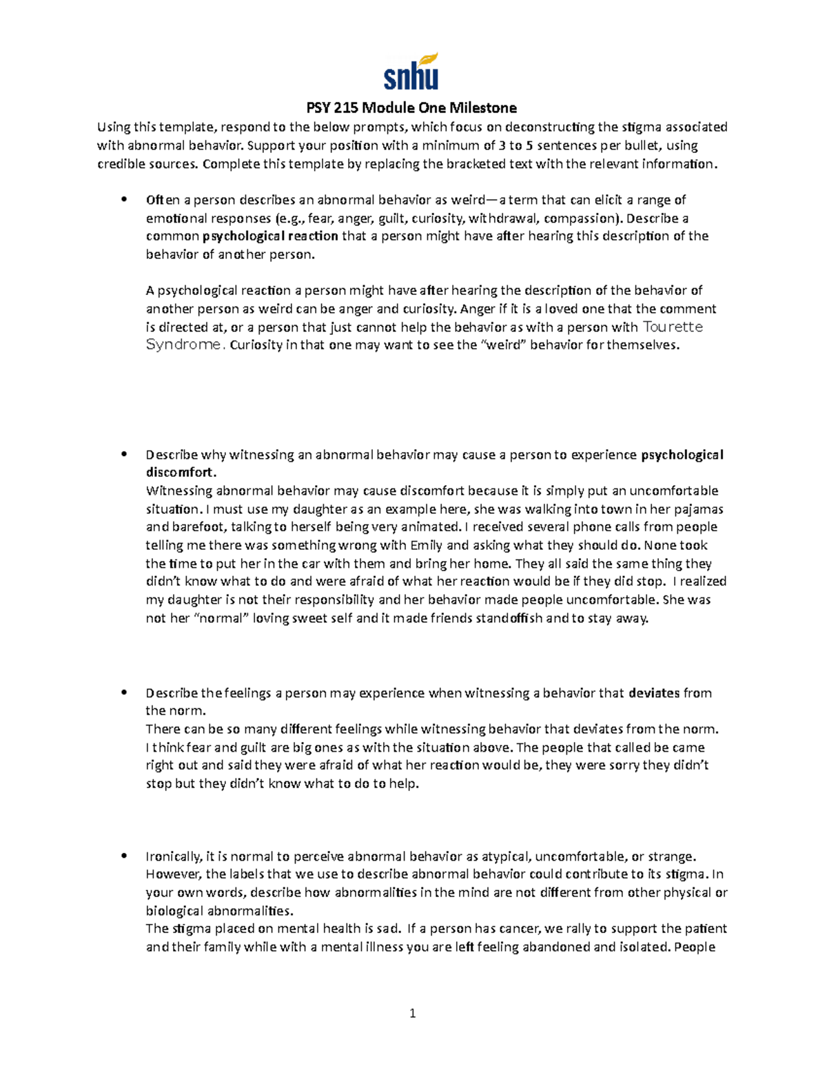 PSY 215 Module One Milestone Template PSY 215 Module One Milestone