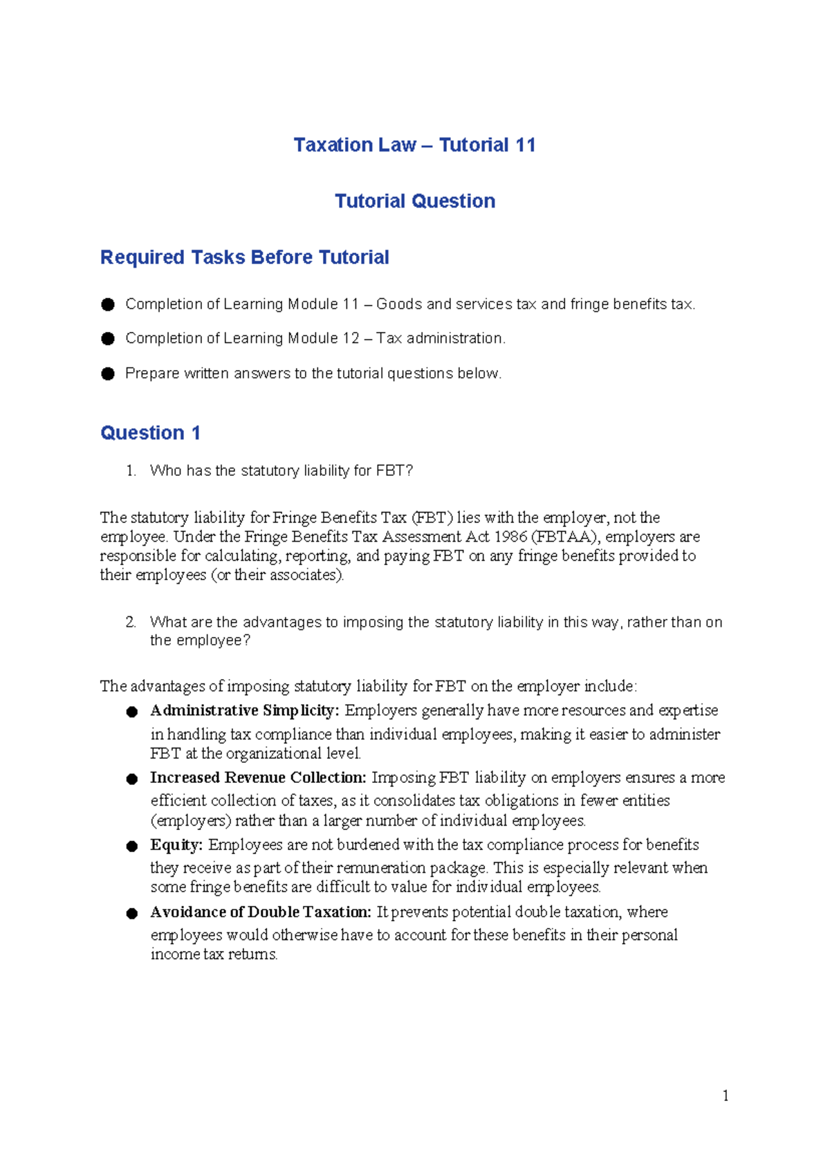 Tutorial 11 Tutorial Questions Taxation Law Tutorial 11 Tutorial Question Required Tasks