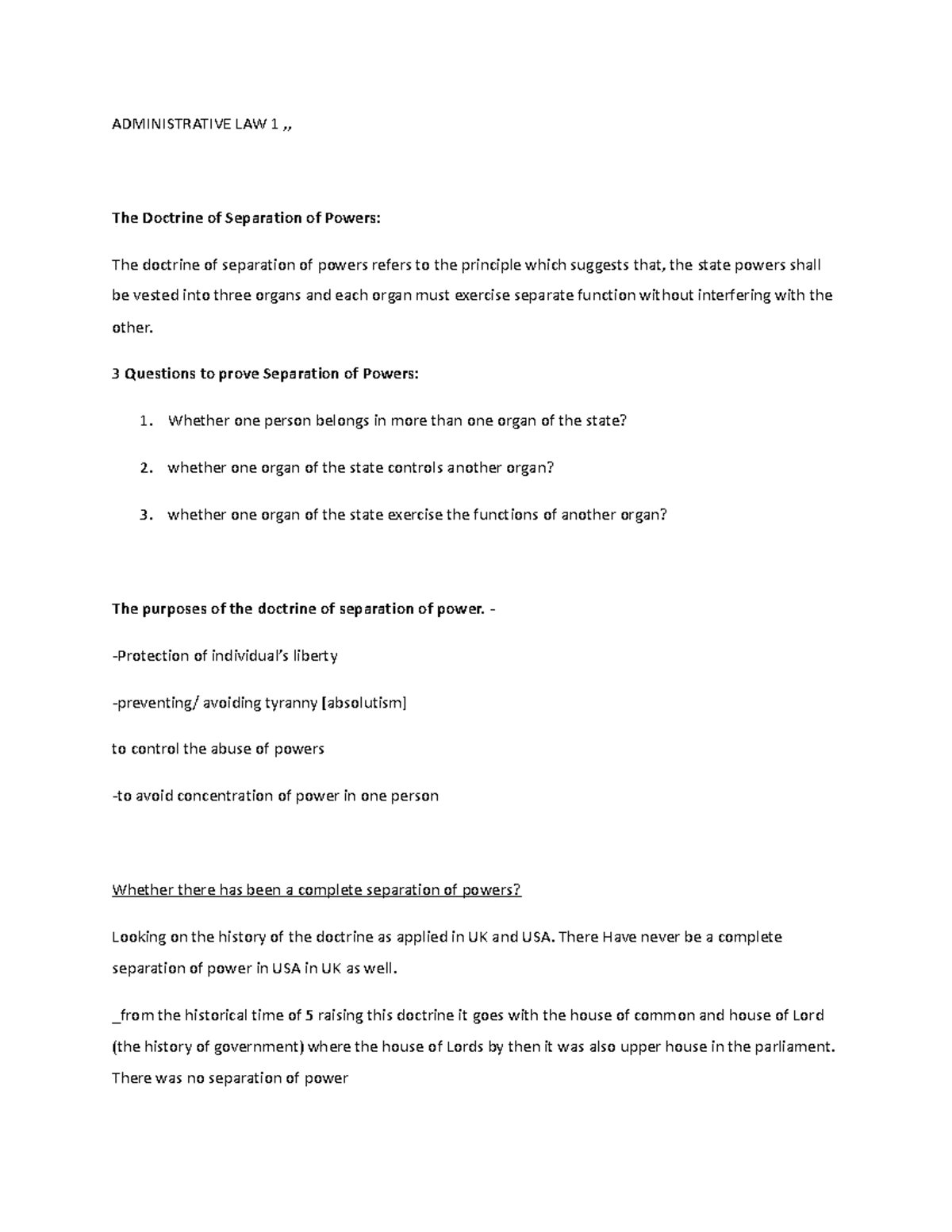 Admin 1 - ADMINISTRATIVE LAW 1 ,, The Doctrine of Separation of Powers ...