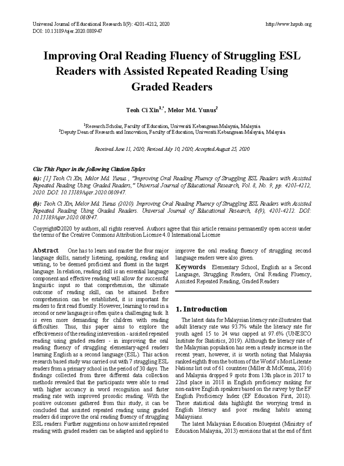 Improving Oral Reading Fluency of Strugg - Universal Journal of ...
