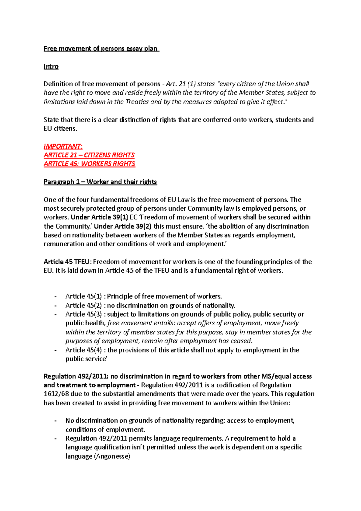Free movement of persons essay plan - Free movement of persons essay ...