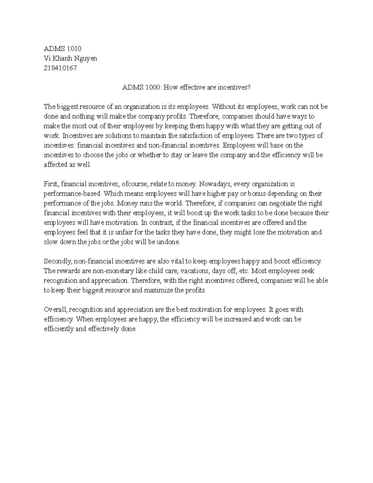 ADMS 1010 writing assignment 8 - adms1010 - Yorku - Studocu