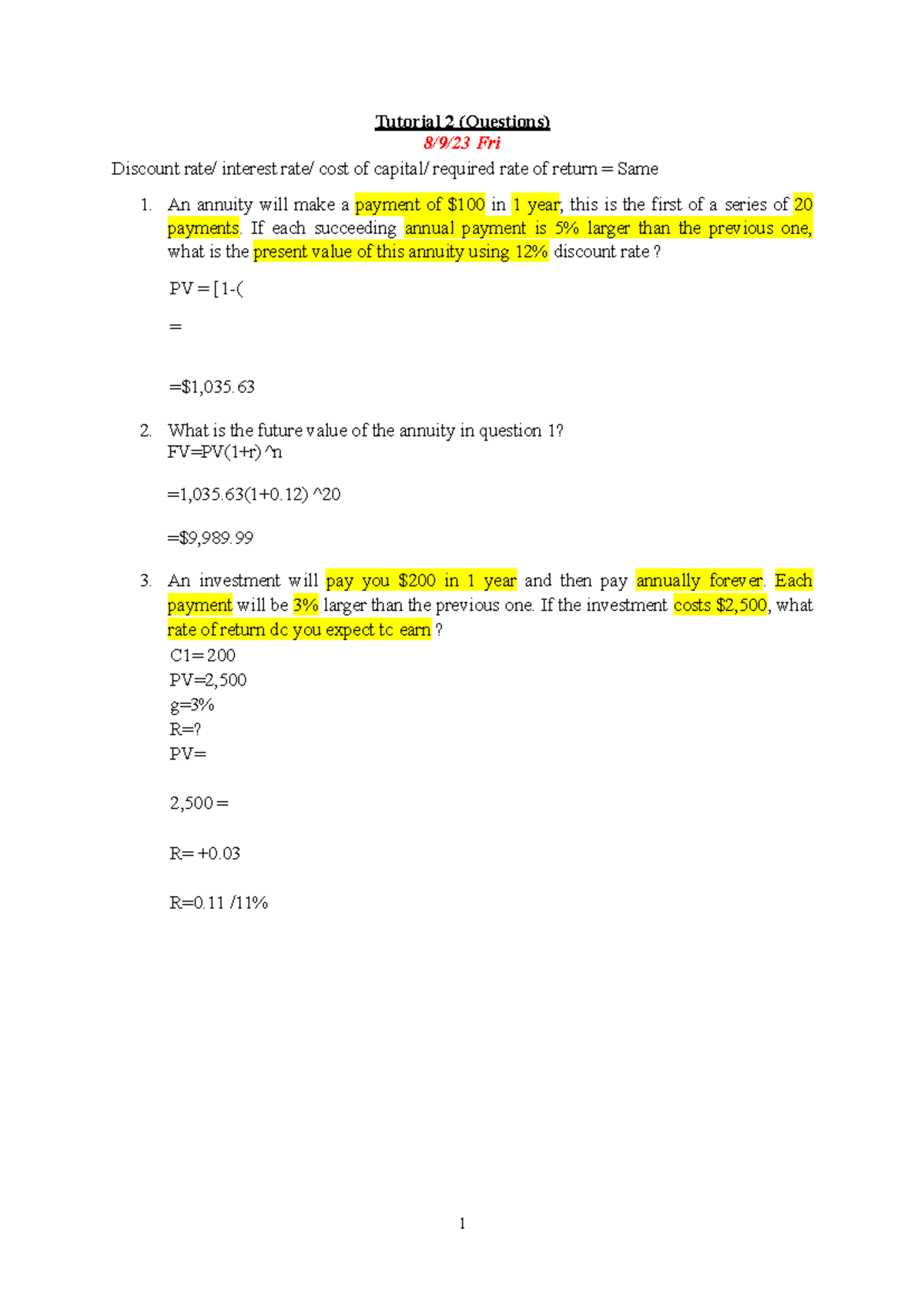 Tutorial 2 - Tutorial 2 (Questions) 8/9/23 Fri Discount rate/ interest ...