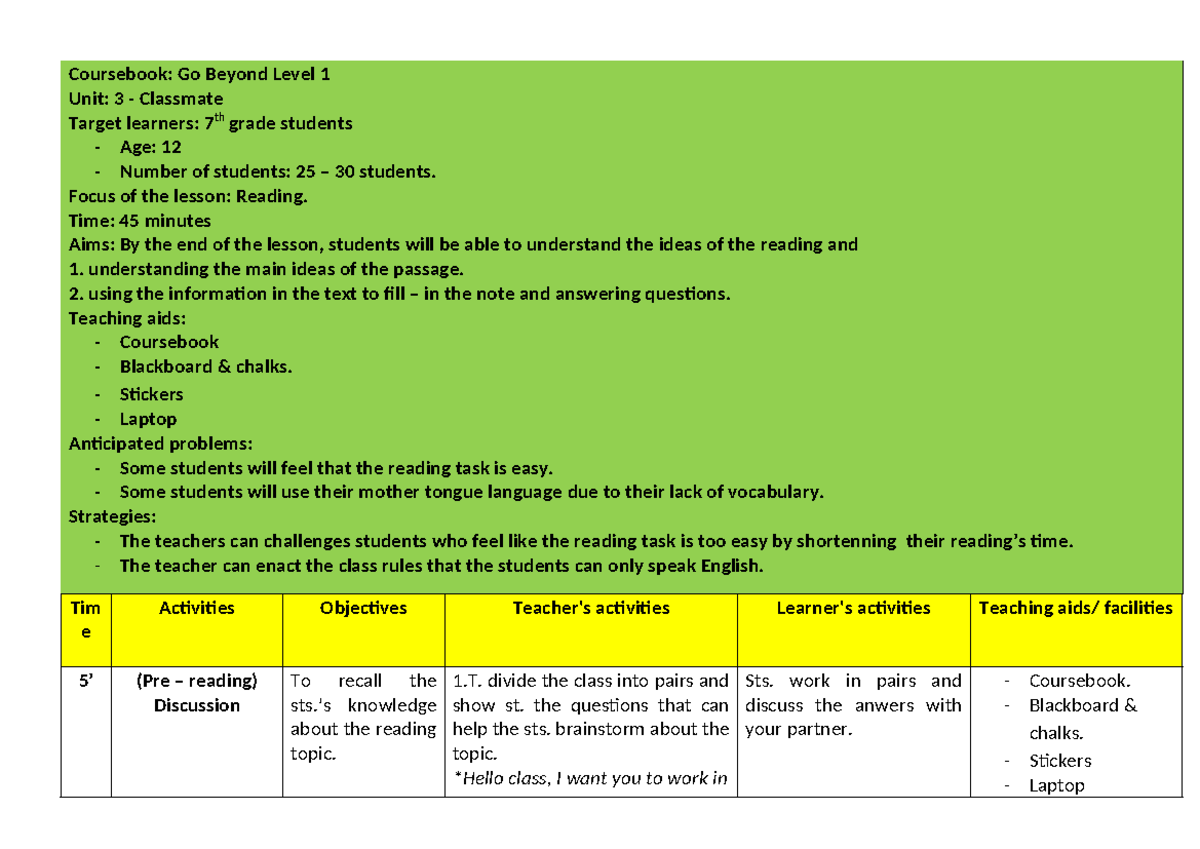 Lesson plan - Le Ngoc Dung - 20204075 - Coursebook: Go Beyond Level 1 ...