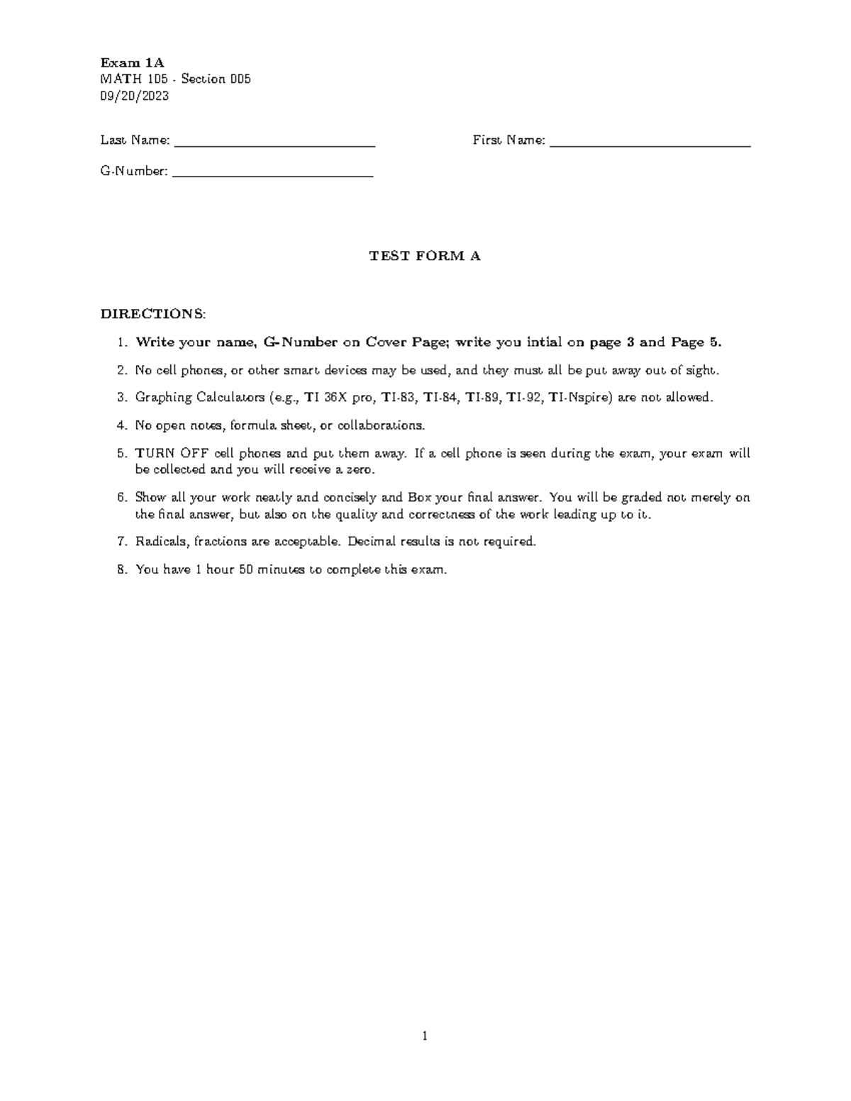 Test1-005A - math sample test - Exam 1A MATH 105 - Section 005 09/20 ...