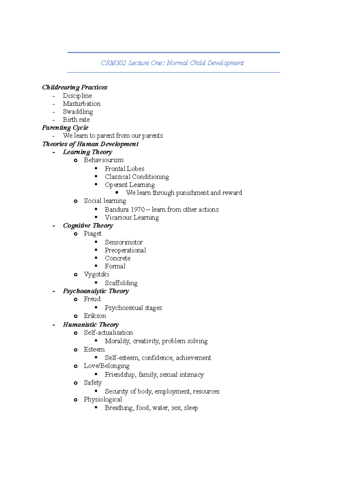 CRM302 Lectures - Lecture notes - CRM302 Lecture One: Normal Child ...