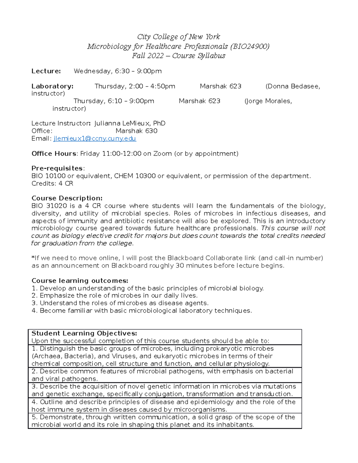 Microbiology Lecture Syllabus fall 2022 - City College of New York ...