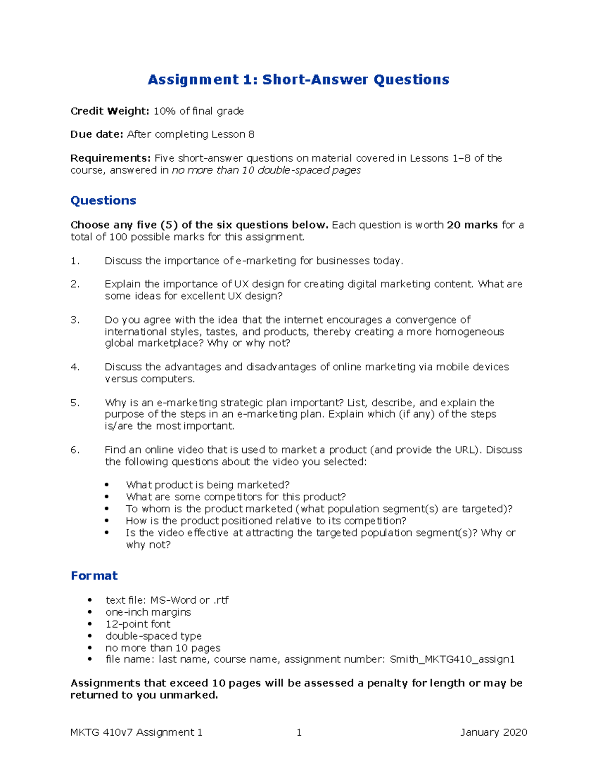MKTG410v7 Assignment 1 - Assignment 1: Short-Answer Questions Credit Weight: 10% of final grade ...
