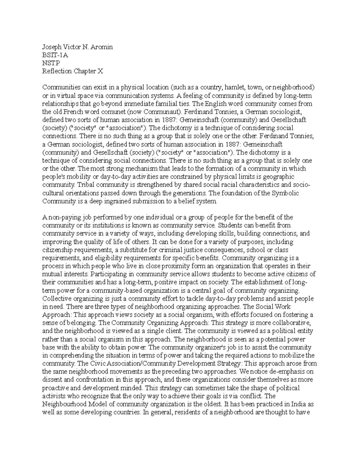 NSTP Reflection Chapter X - Joseph Victor N. Aromin BSIT-1A NSTP ...