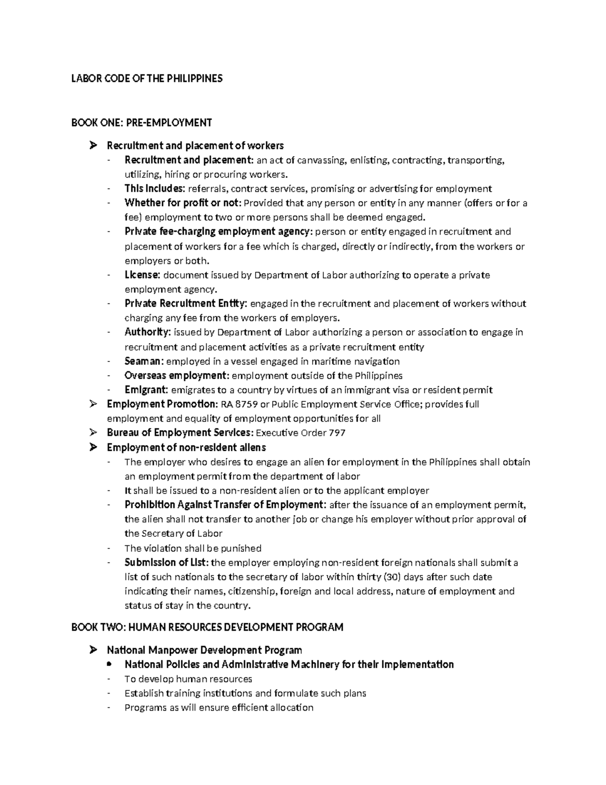 Summarized Labor Code - LABOR CODE OF THE PHILIPPINES BOOK ONE: PRE-EMPLOYMENT Recruitment and ...