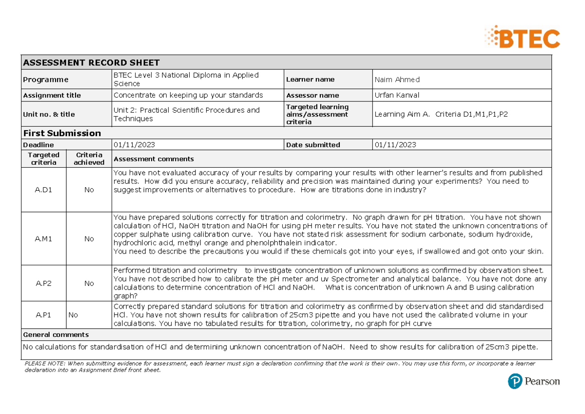 Btec Assessment Record Sheet Naim Ahmed Unit 2 Assignment 1 Assessment Record Sheet Programme