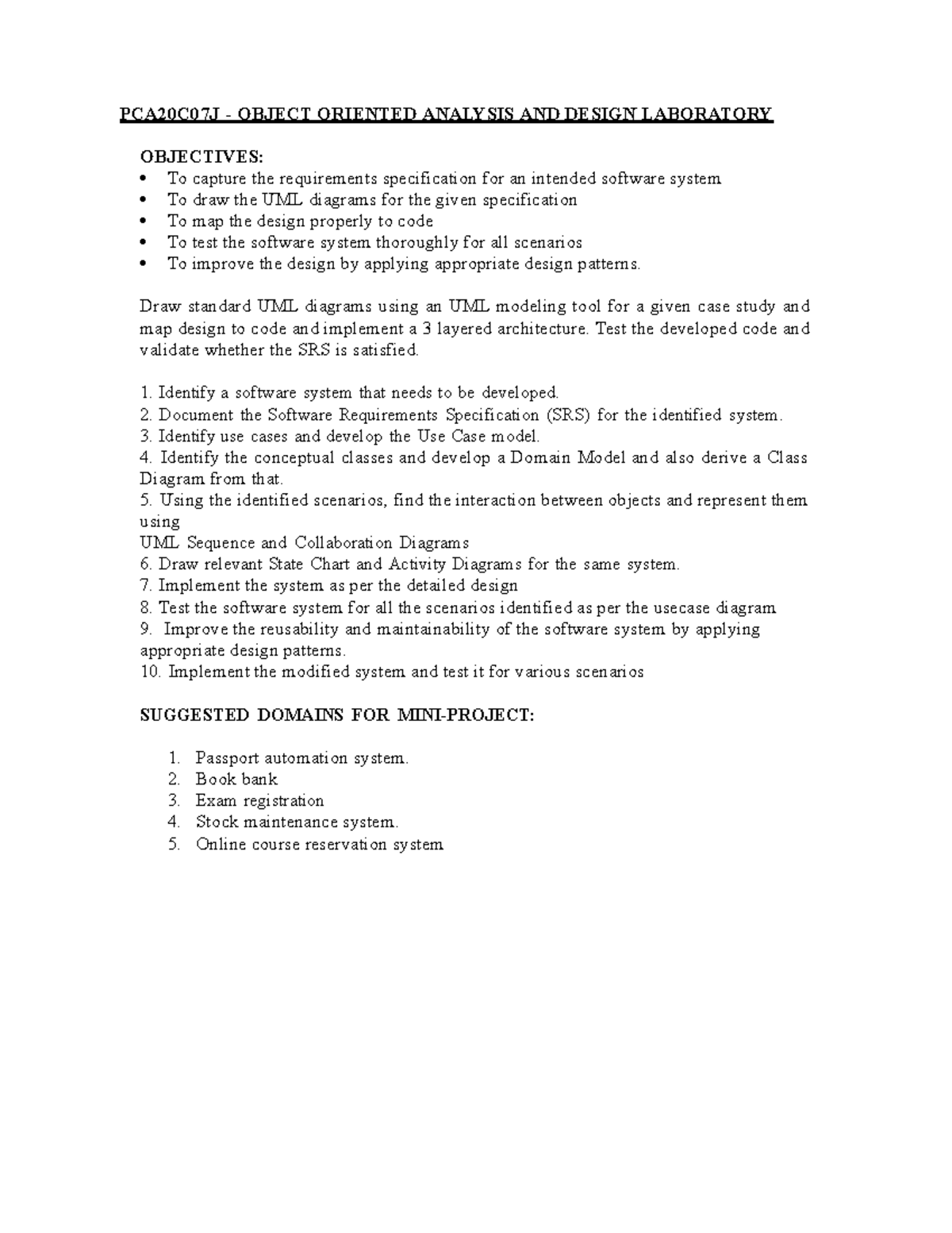 PCA20C07J- Object Oriented Analysis AND Design Laboratory - PCA20C07J - OBJECT ORIENTED ANALYSIS ...