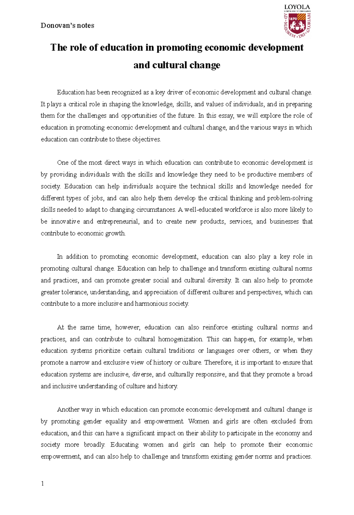 The role of education in promoting economic development and cultural ...