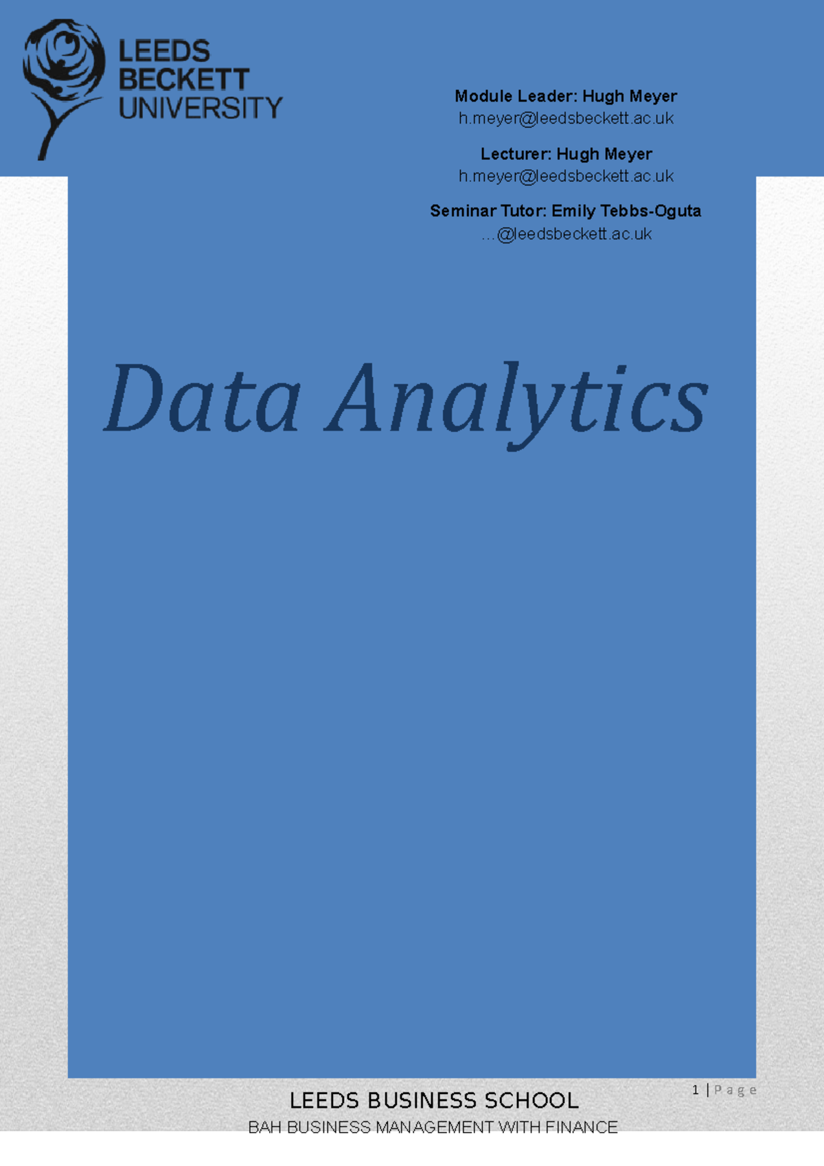 Data Analytics - Lecture notes 1-7 - Data Analytics Module Leader: Hugh ...