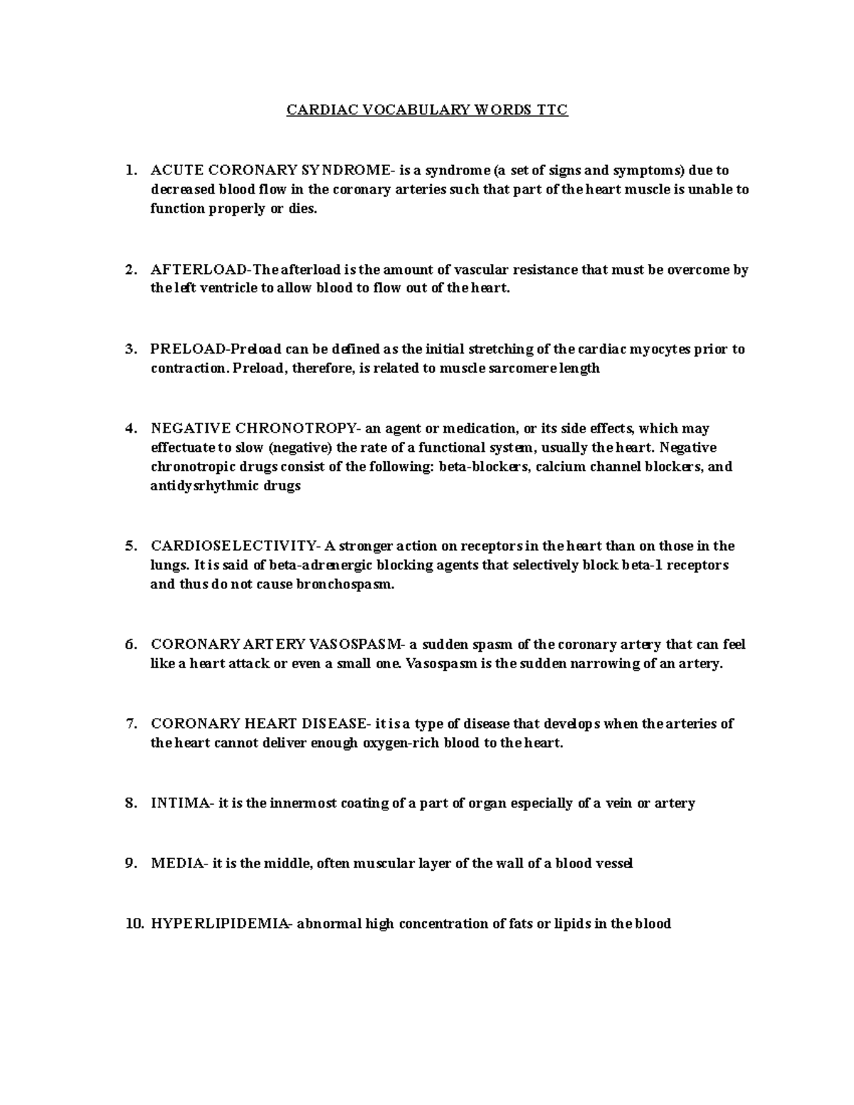 Cardiac TTC - n/a - CARDIAC VOCABULARY WORDS TTC ACUTE CORONARY ...