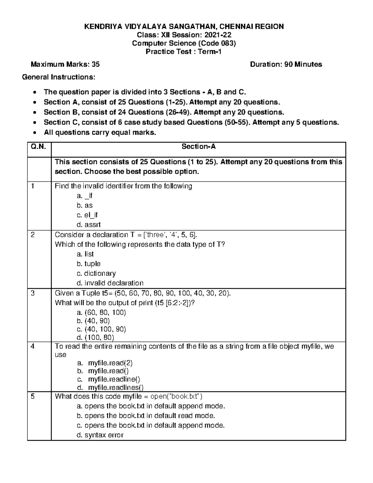 4 - ntg big - KENDRIYA VIDYALAYA SANGATHAN, CHENNAI REGION Class: XII ...