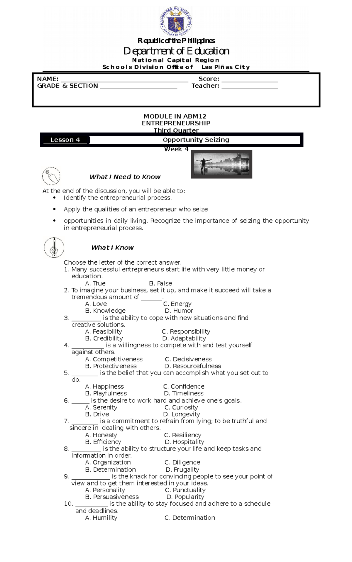 G12 Q1 ABM Entrep M 4 - LECTURE NOTES - MODULE IN ABM ENTREPRENEURSHIP ...