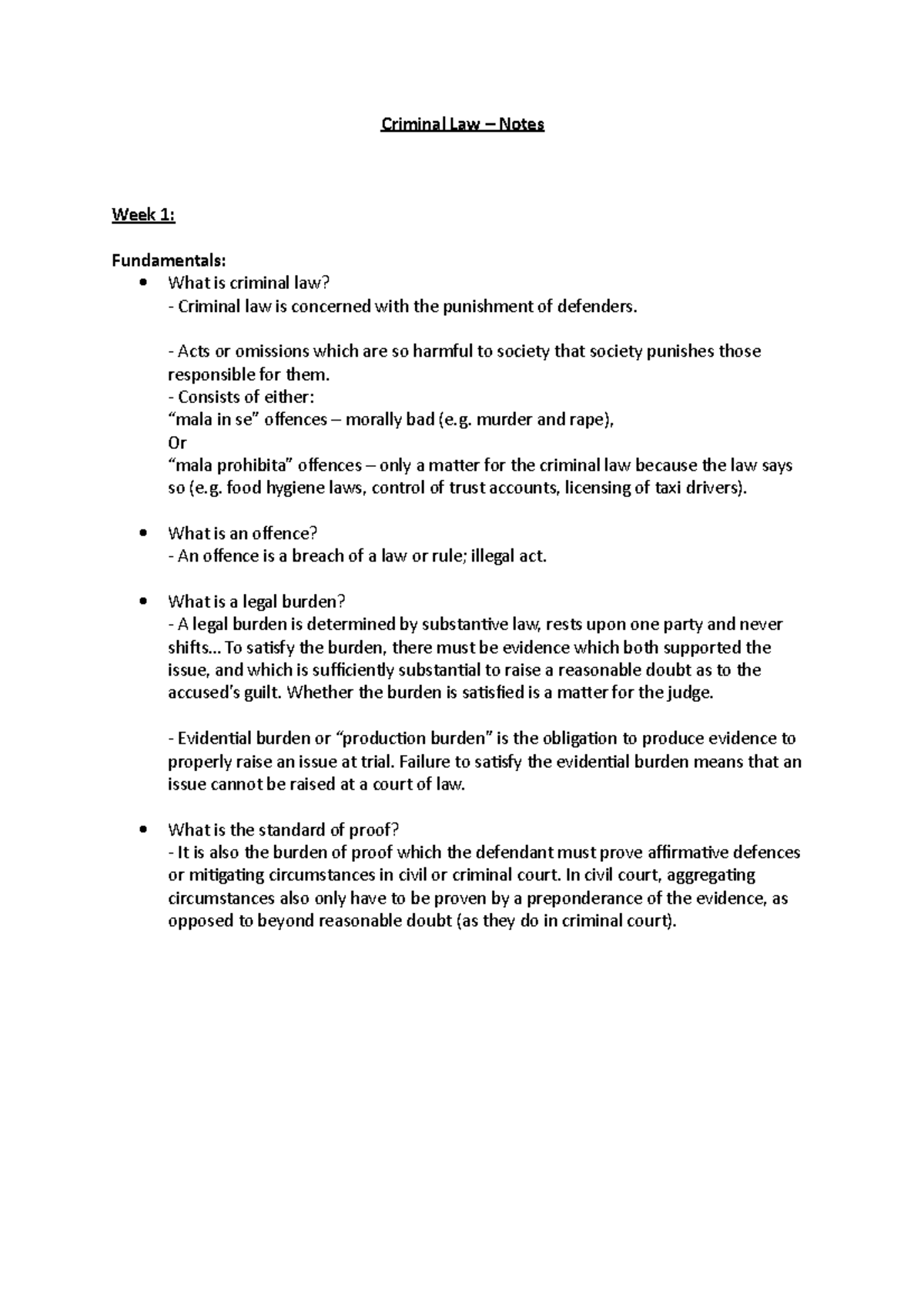 Criminal Law - Notes - Criminal Law – Notes Week 1: Fundamentals: What ...