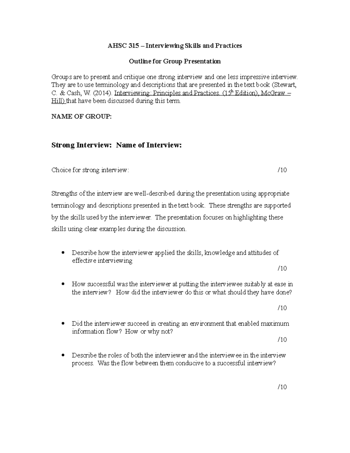 AHSC 315 New Presentation Criteria - AHSC 315 – Interviewing Skills and ...