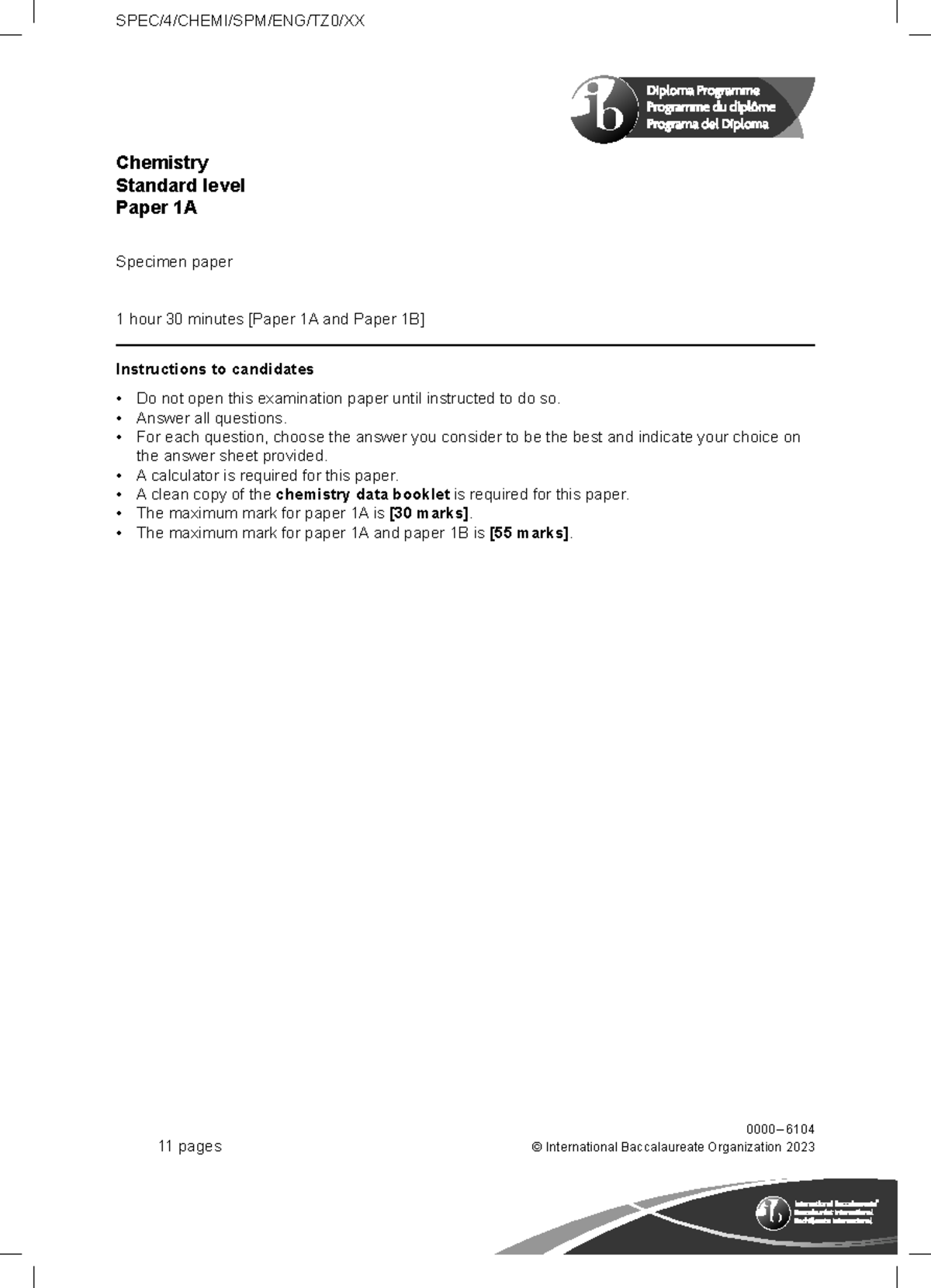 Chemistry SL specimen paper - © International Baccalaureate ...