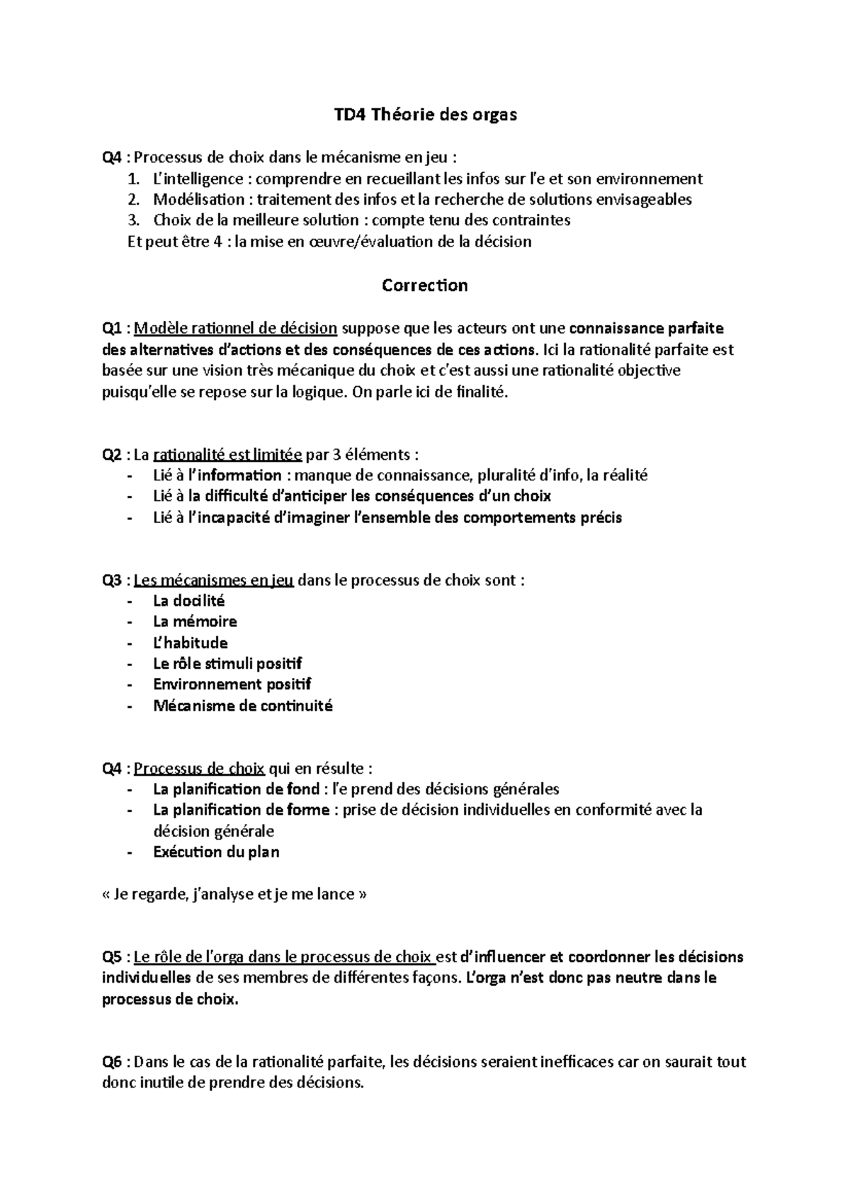 TD4 Théorie des orgas - modèle rationnel de décision, rationnalité ...