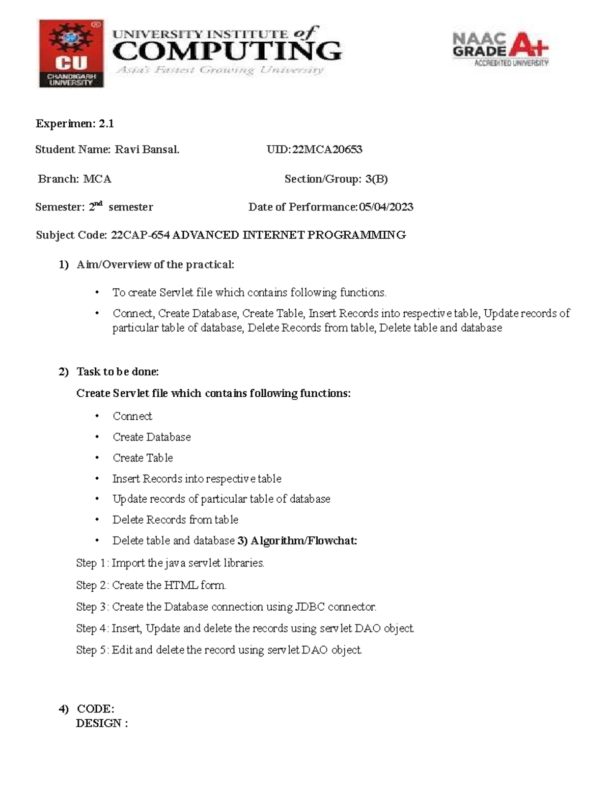 AIP 2.1 22MCA20896 - Worksheet - Experimen: 2. Student Name: Ravi ...