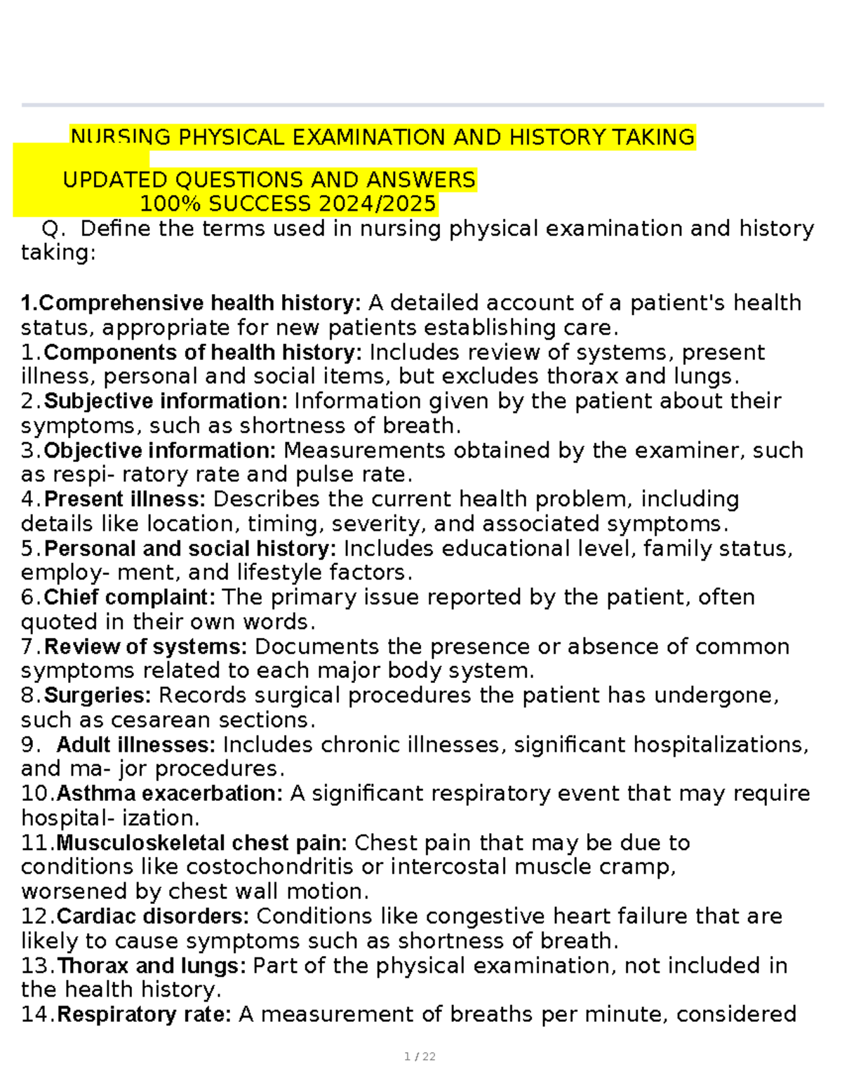 Nursing Physical Examination AND History Taking - 1 / 22 NURSING ...
