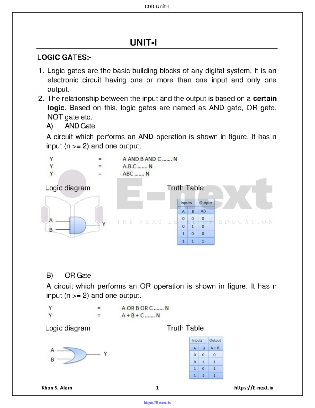COD Unit-1 (CH 1,2) - cod unit 1 2 - Khan S. Alam 1 E-next UNIT-I LOGIC ...