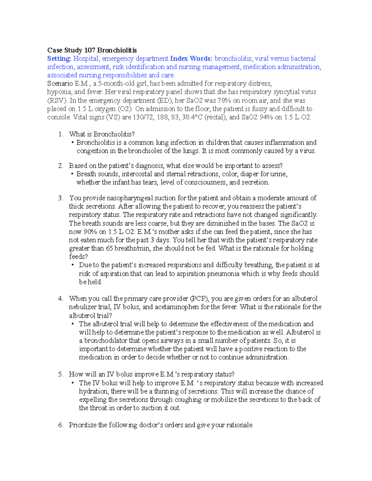 Case Study 107 Bronchiolitis-Student Revised 3-24-21 - Case Study 107 Bronchiolitis Setting ...