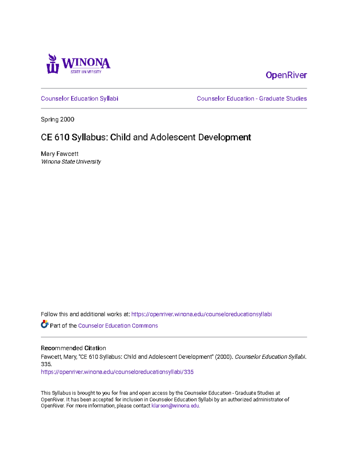CE 610 Syllabus Child and Adolescent Development - winona ...