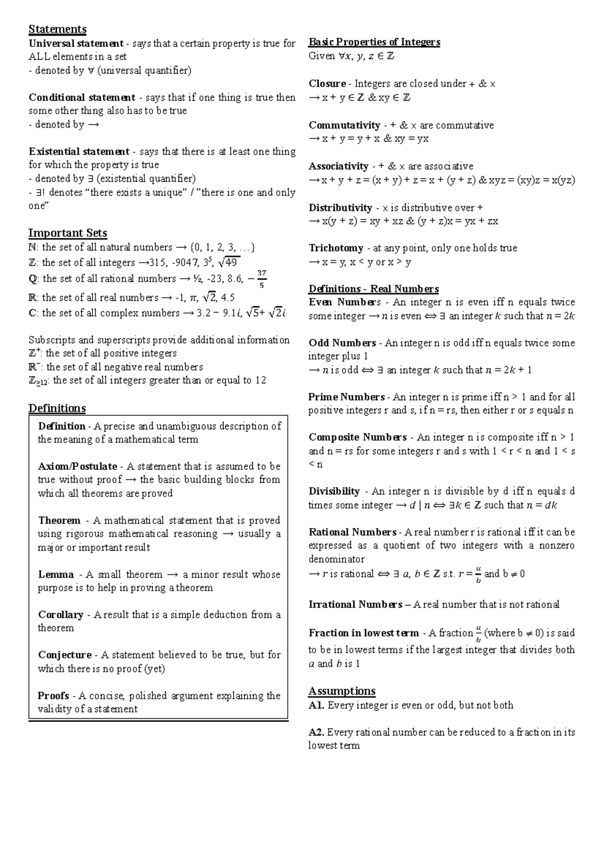 CS1231S Cheatsheet - Notes - Statements Universal statement - says that ...