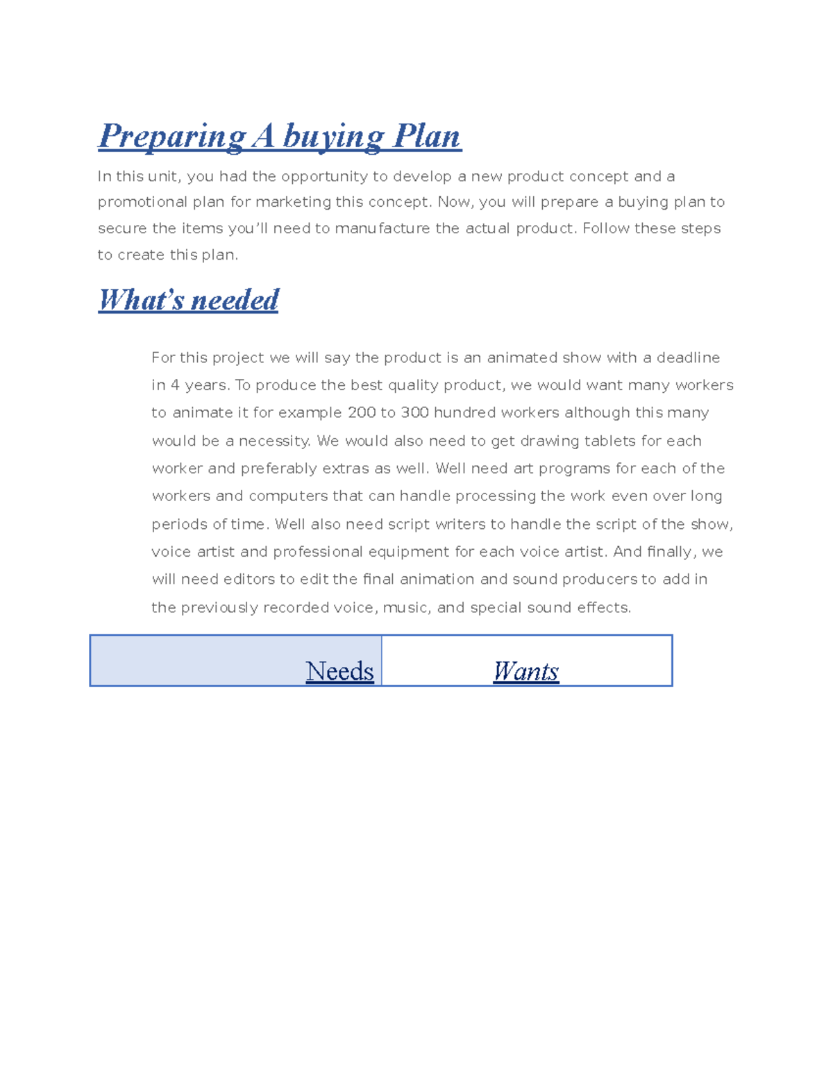 Project Preparing a Buying Plan - Preparing A buying Plan In this unit ...