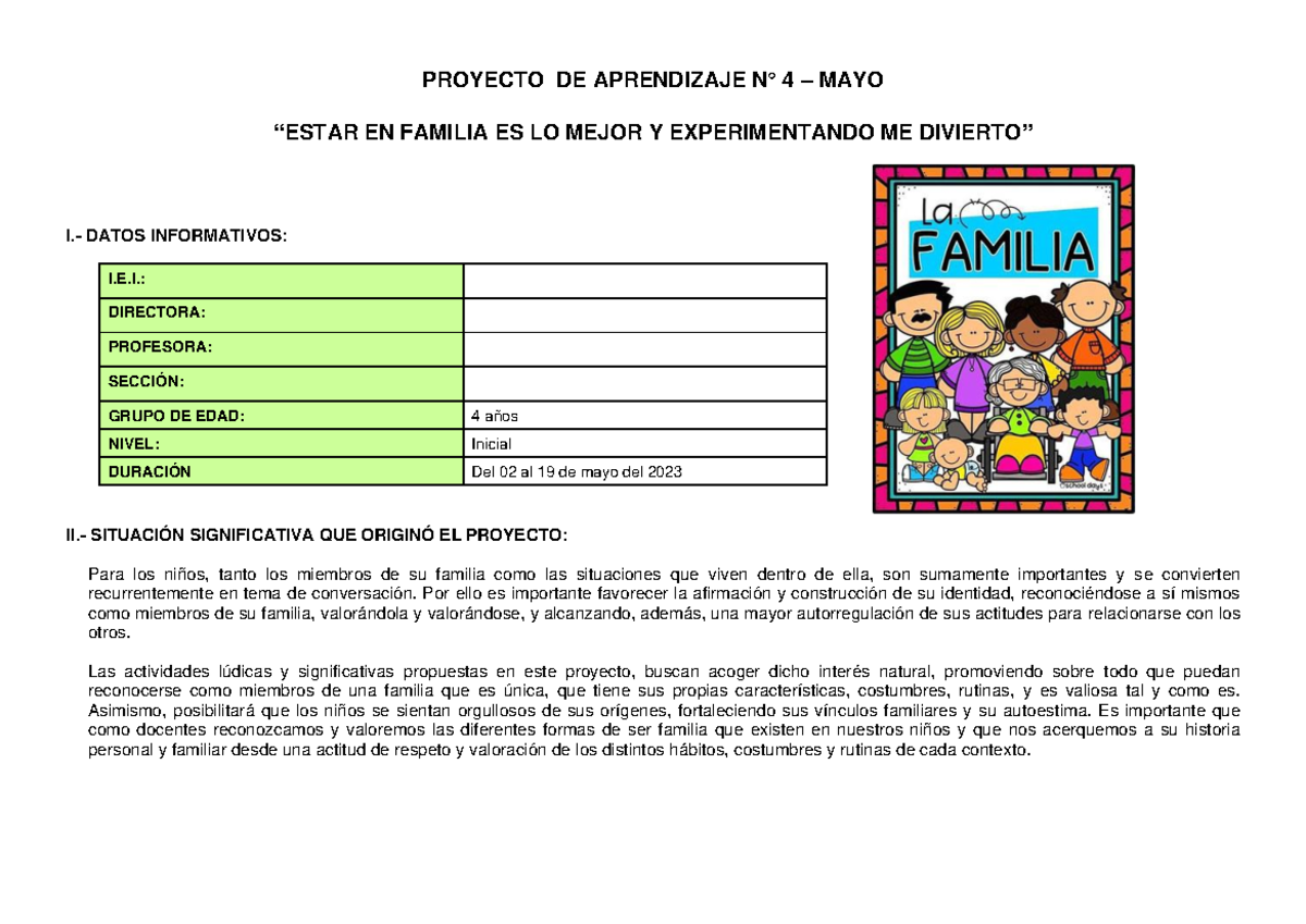 4 AÑOS - Proyecto DE Aprendizaje N°04 - PROYECTO DE APRENDIZAJE N° 4 – MAYO “ESTAR EN FAMILIA ES ...