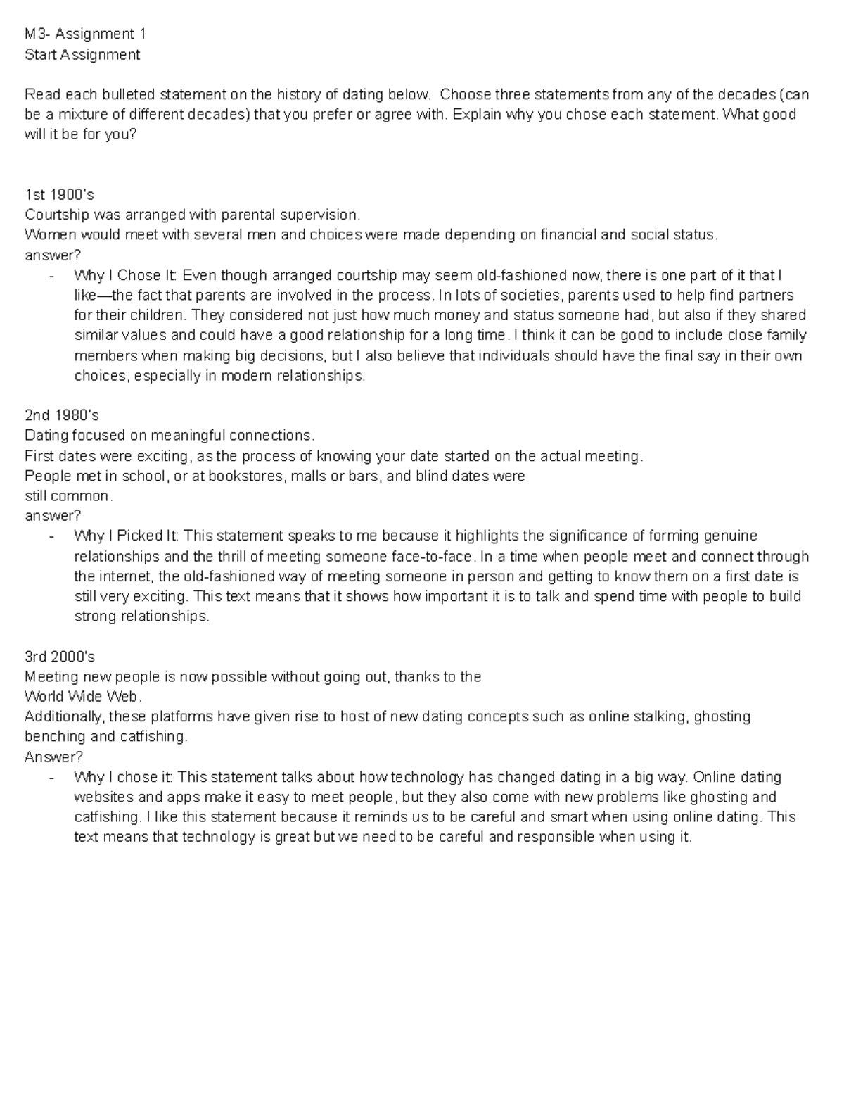 M3- Assignment 1 - M3- Assignment 1 Start Assignment Read each bulleted statement on the history ...