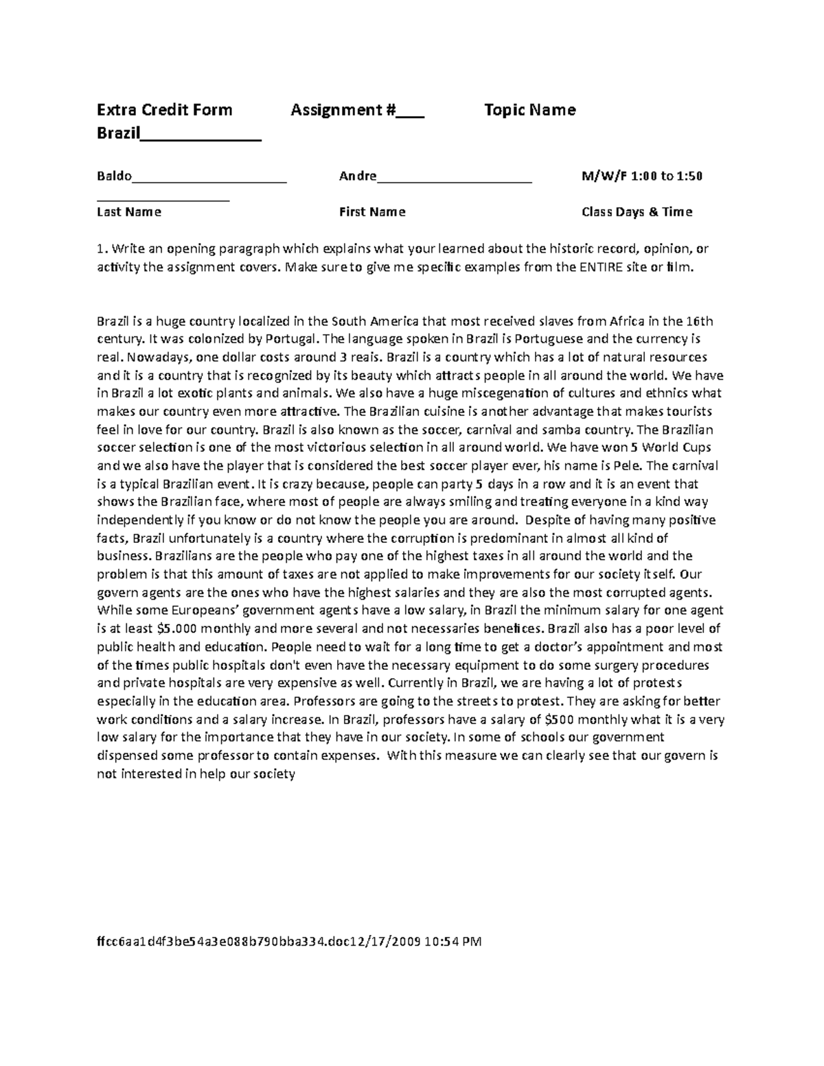 Brazil - grade A - Extra Credit Form Brazil_____________ Baldo ...