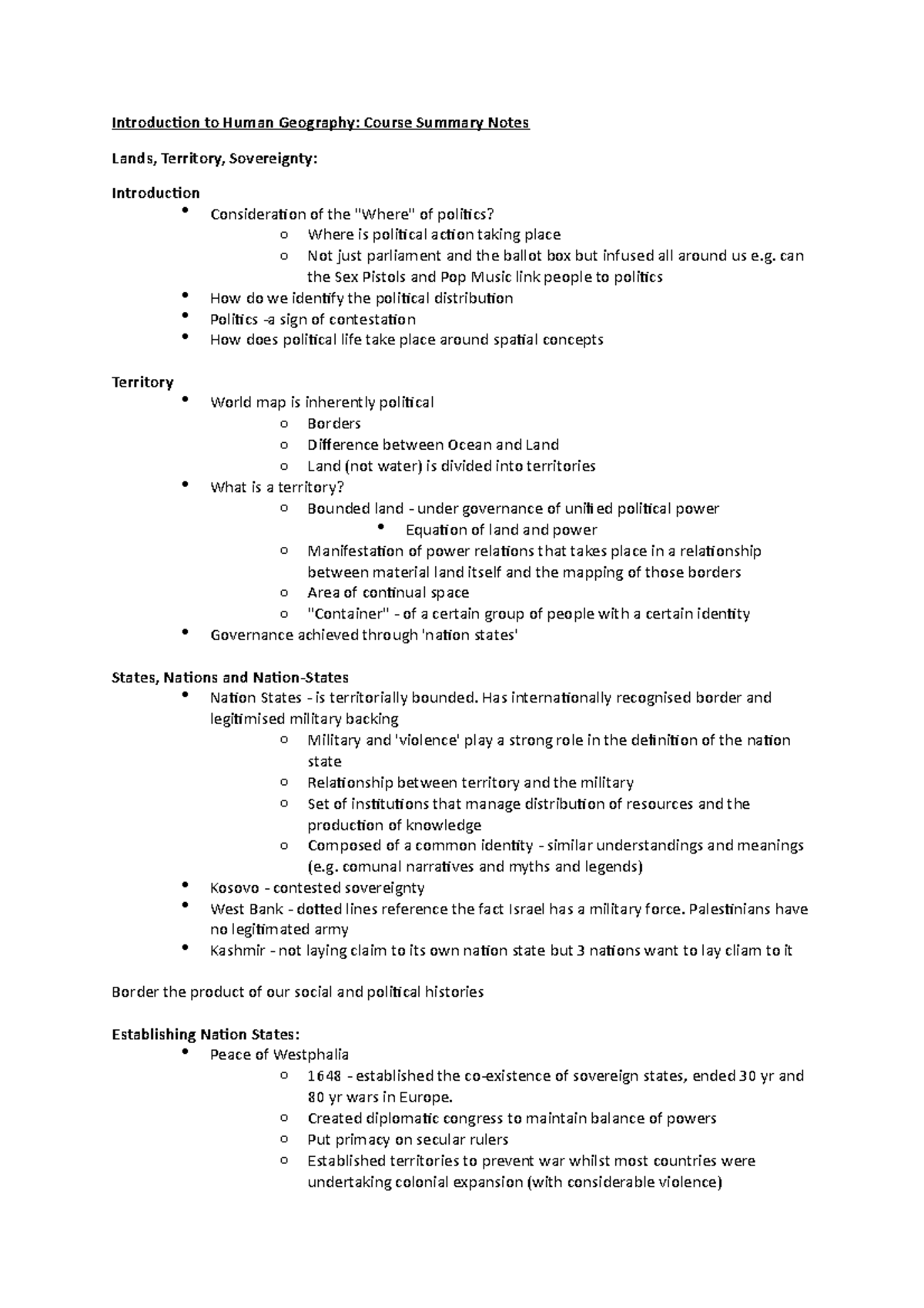 Introduction to Human Geography - Course Summary Notes - Introducion to ...