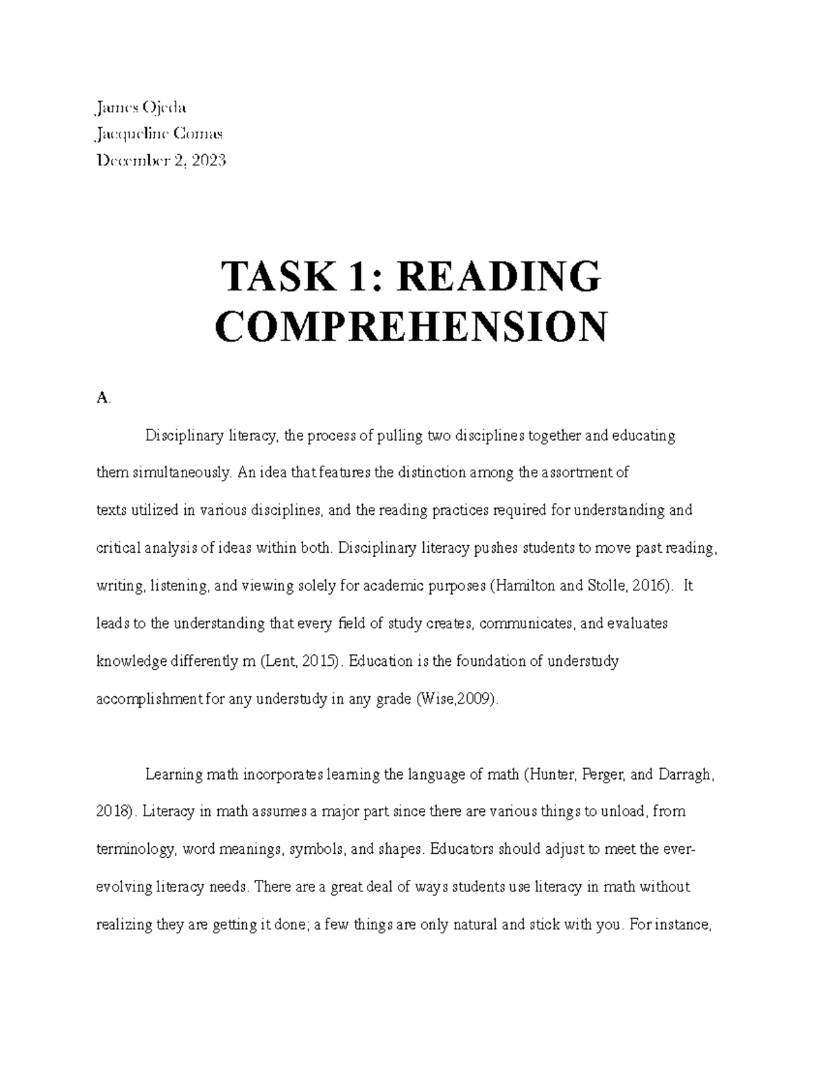 TASK 1 - Reading Comprehension - James Ojeda Jacqueline Comas December ...