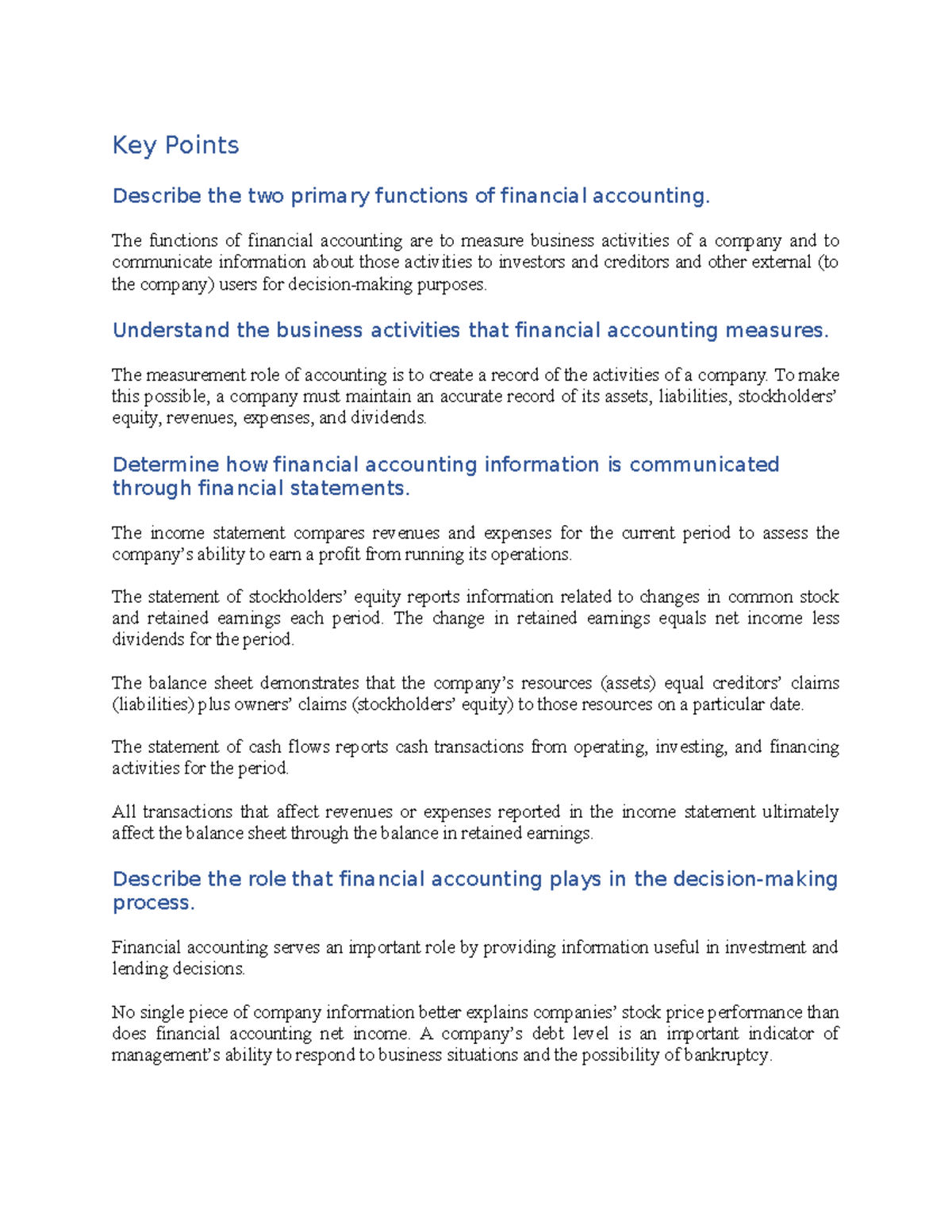 CH 1 Key Points - Notes from Chapter 1 - Key Points Describe the two ...