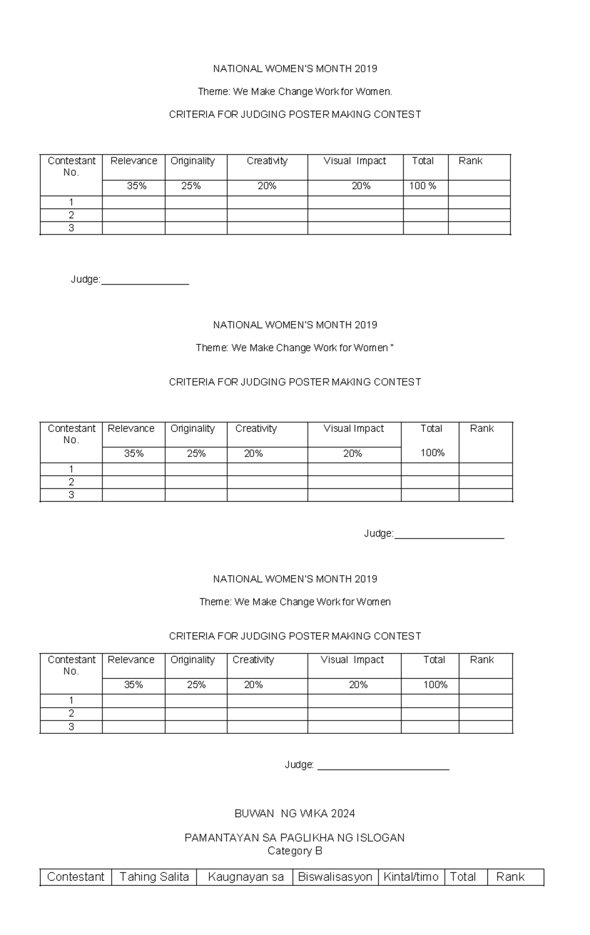 Criteria for Judging Poster Slogan and Bullletin Board - NATIONAL WOMEN ...