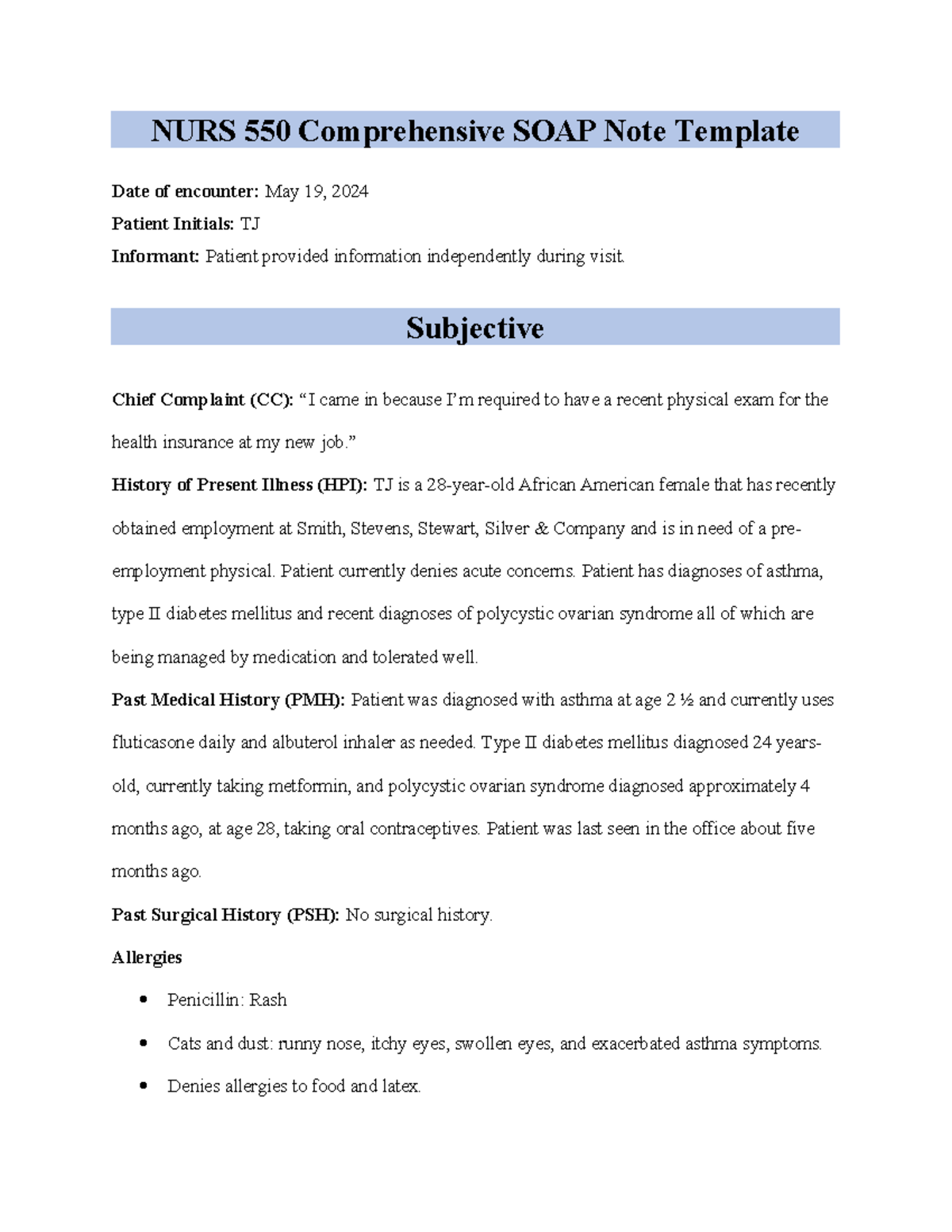 NURS 550 Comprehensive SOAP Note Template 2022 - NURS 550 Comprehensive ...