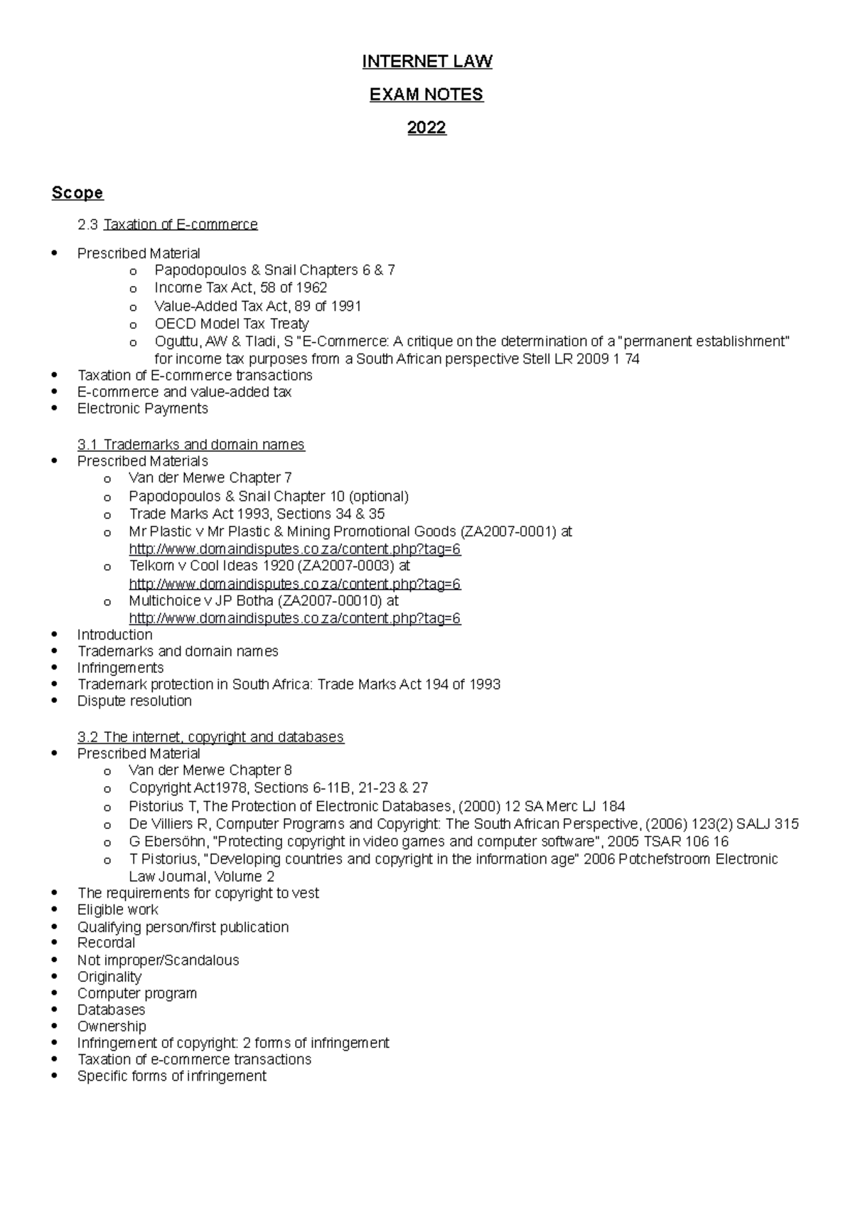 INT Exam - Lecture notes from 2022 Internet Law lecturer and textbook ...