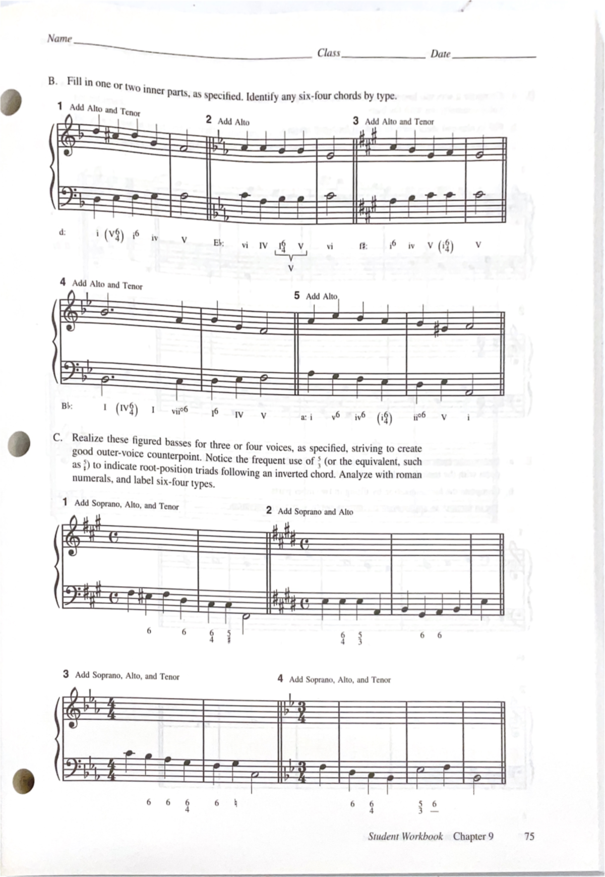 Workbook for tonal harmony pt - Name Class Date B. Fill in one or parts ...