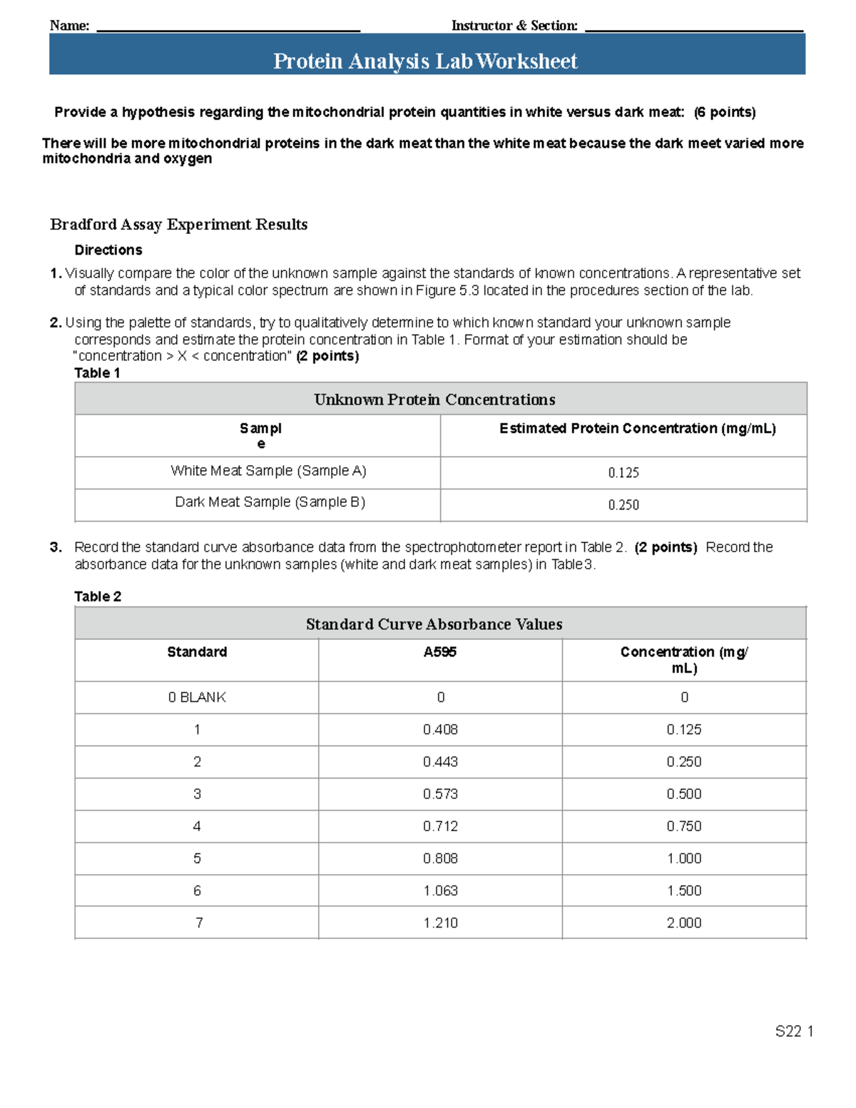 Protein Analysis Lab - Name: Instructor & Section: Protein Analysis Lab ...
