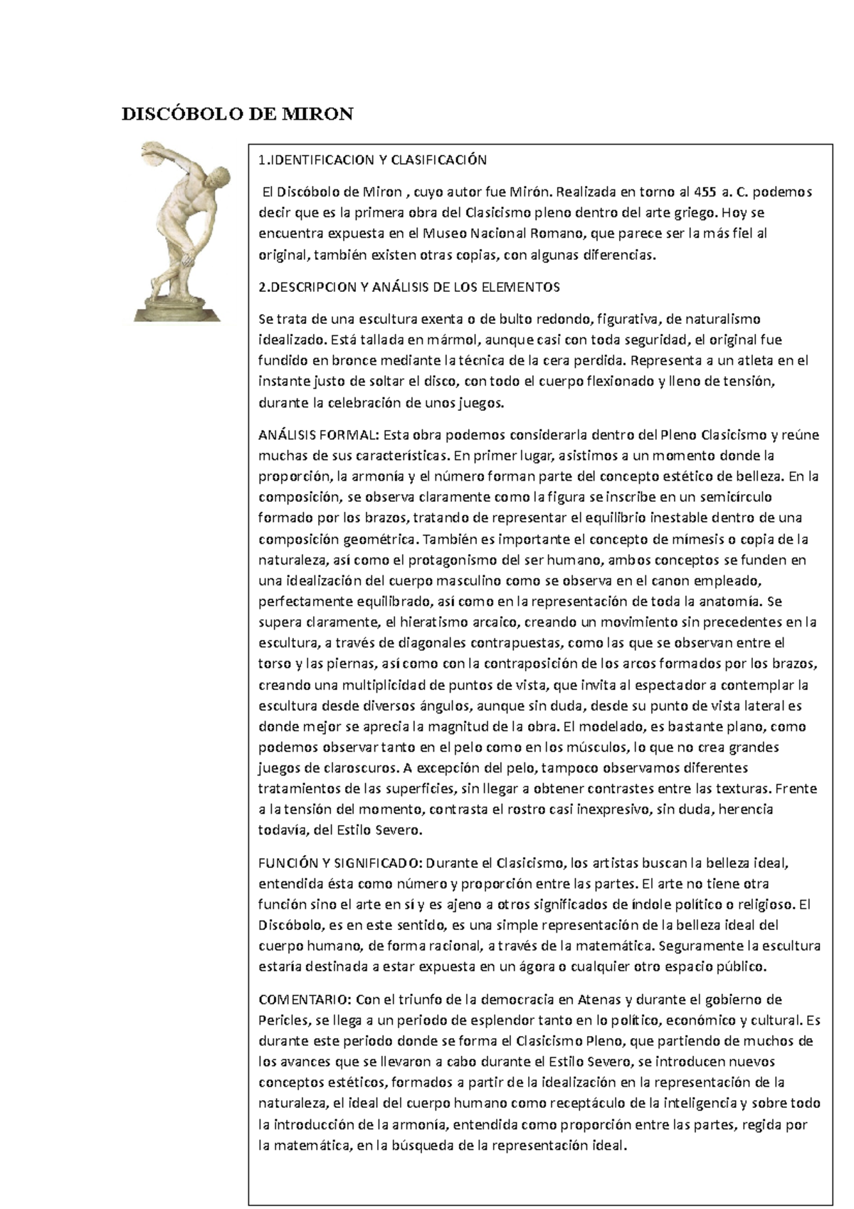 Discóbolo DE Miron - ejercicio - DISCÓBOLO DE MIRON 1 Y CLASIFICACIÓN El Discóbolo de Miron ...