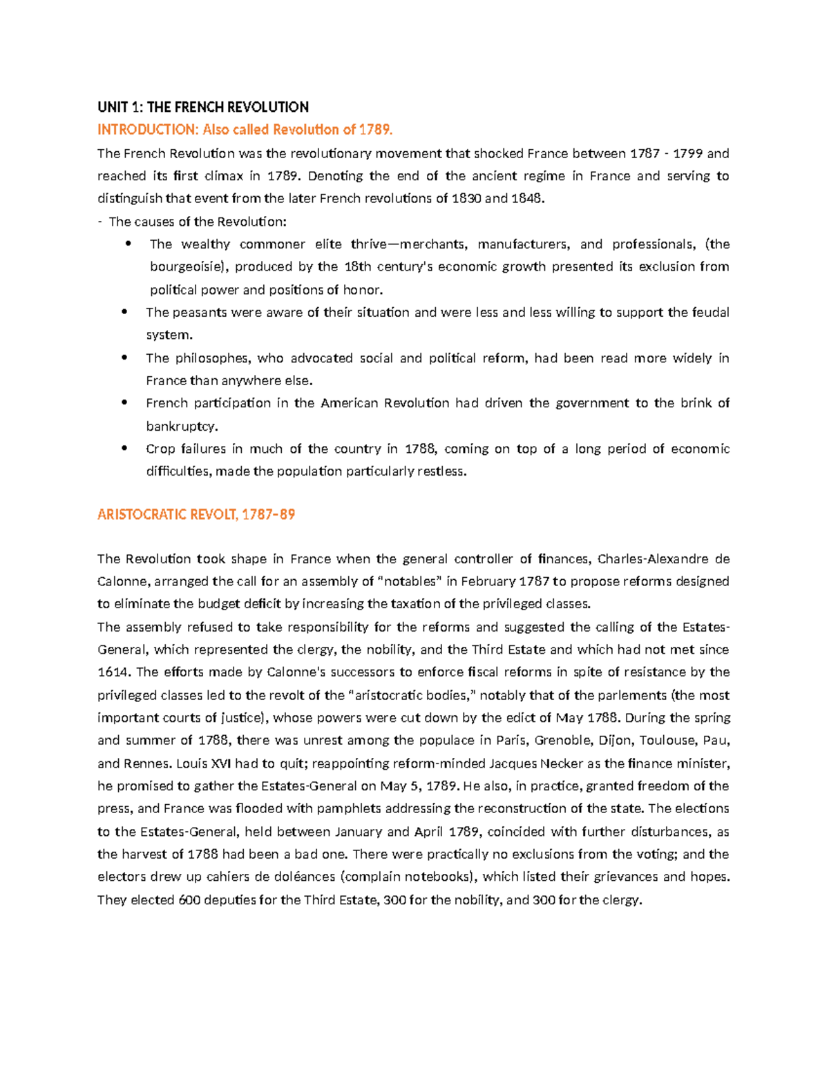 Chapter 1. french revolution - UNIT 1: THE FRENCH REVOLUTION ...